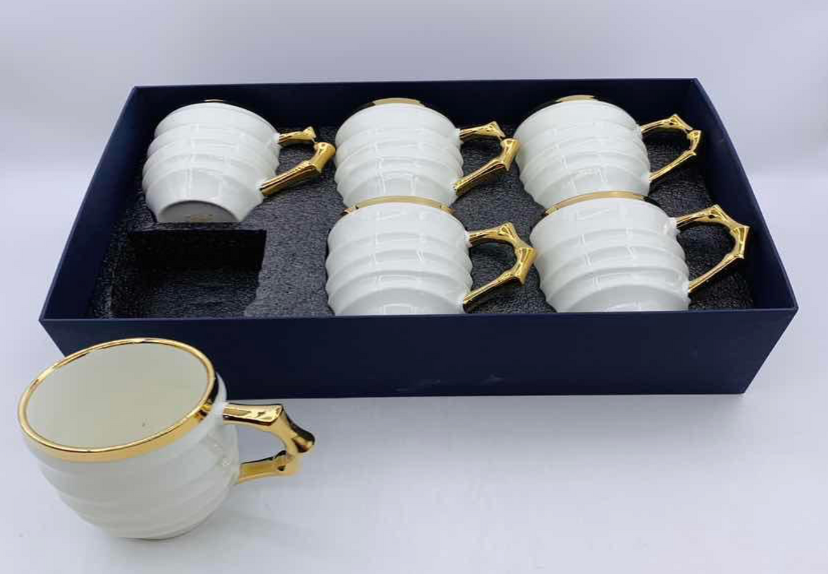 Tea Cups Set of Six White Gold Tea Coffee Mugs Hot Cold Drink Cups Cer – Papiyona