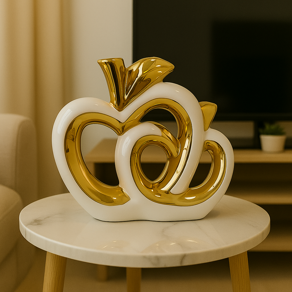 Apple Shape Heart Decor Centre Piece Sculpture in White and Gold Ceram ...