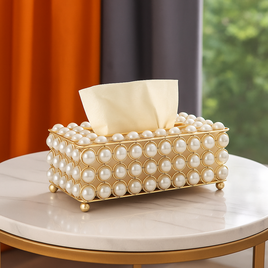 Tissue Box Sculpture Pearl Metal Centre Piece in Gold/Silver – Papiyona