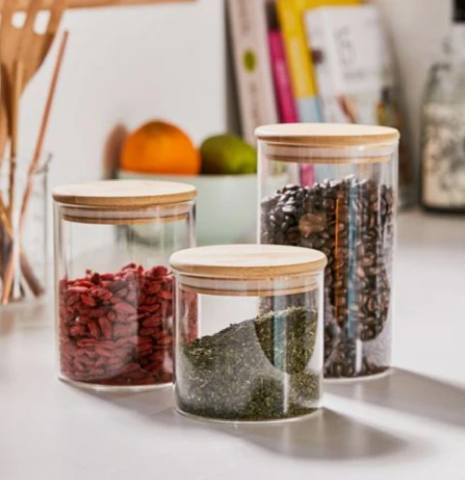 3 pcs Set Glass Storage Jars Kitchen Storage Container Stackable Reusa ...