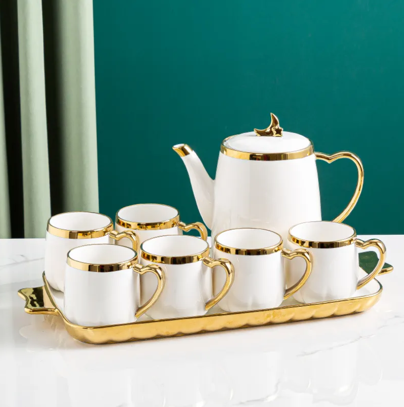 Tea Cups Set of Six with Kettle and Tray Hot Drink Cups with Tray Cera ...